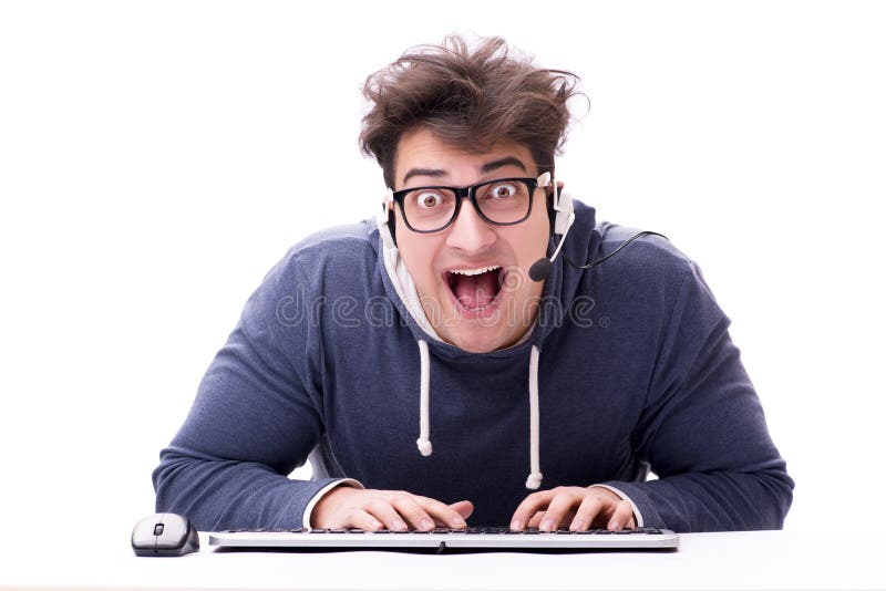 The Funny Nerd Man Working on Computer Isolated on White Stock Image ...