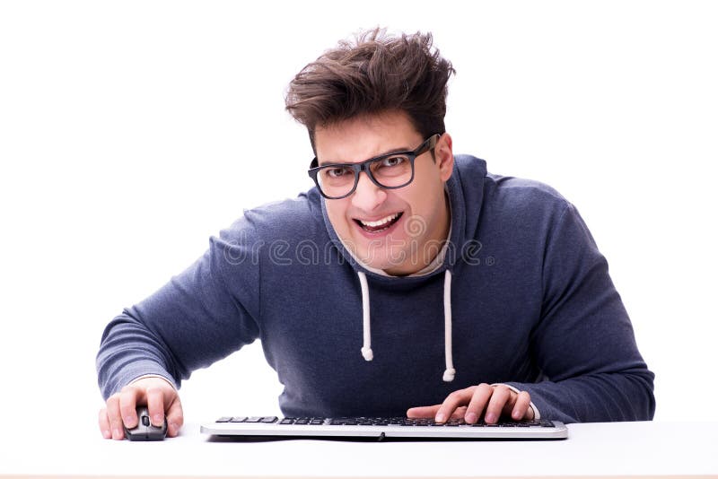 The Funny Nerd Man Working on Computer Isolated on White Stock Image ...