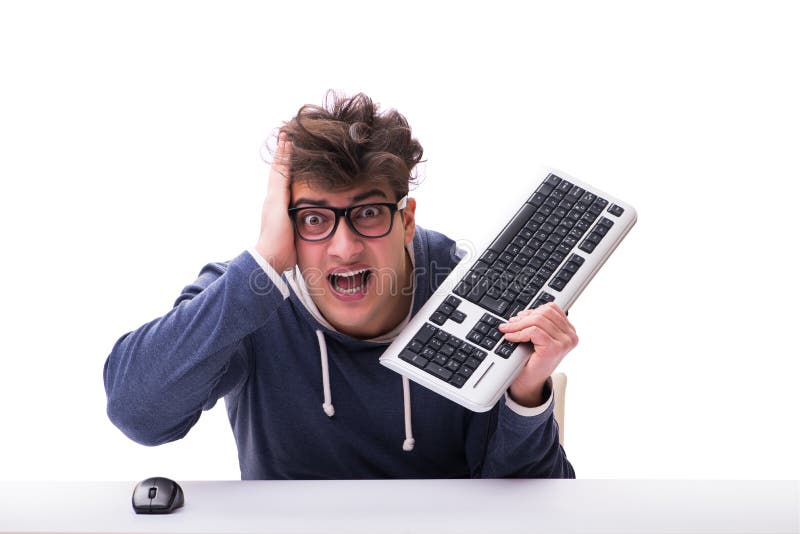 The Funny Nerd Man Working on Computer Isolated on White Stock Image ...