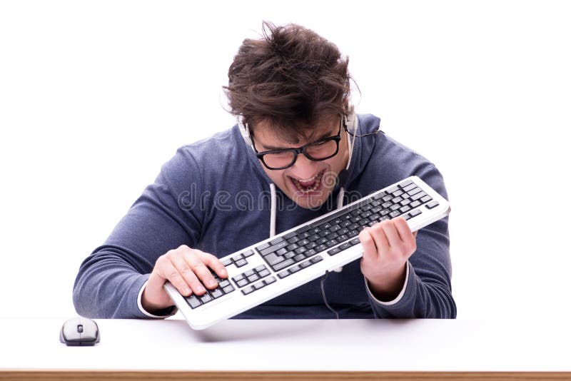Funny Nerd Man Working on Computer Isolated on White Stock Photo ...