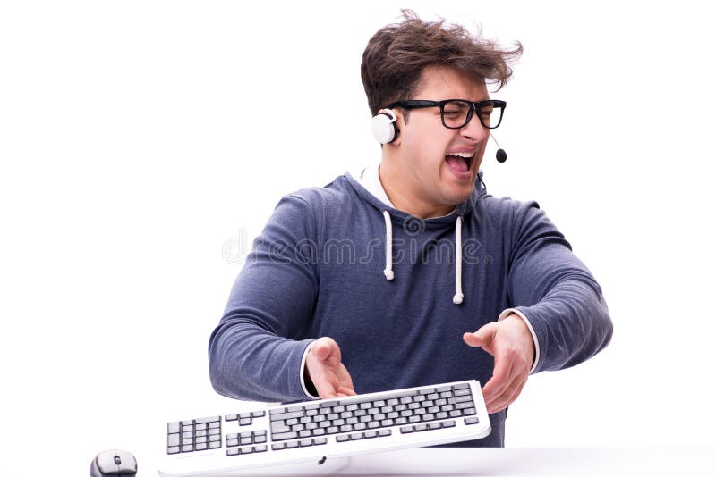 The Funny Nerd Man Working on Computer on White Stock Photo - Image of ...