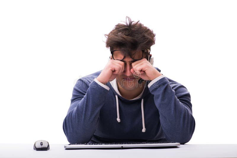 The Funny Nerd Man Working on Computer on White Stock Image - Image of ...