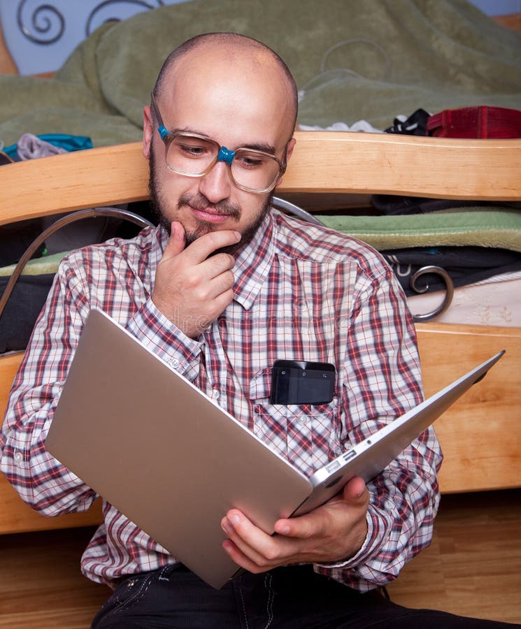 Funny Nerd Reading a Laptop Stock Image - Image of worker, smiling ...