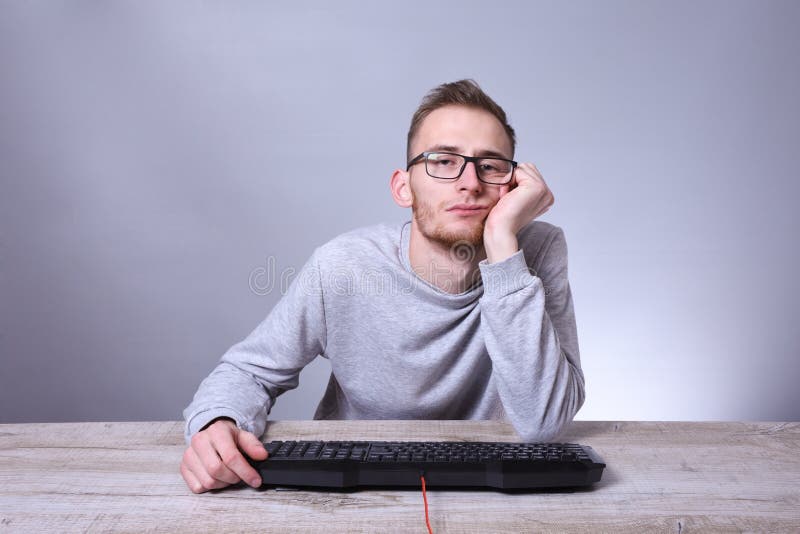 Funny Nerd Young Businessman, Man Working on Computer.Typing on the ...