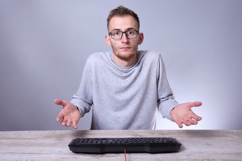 Funny Nerd Young Businessman, Man Working on Computer.Typing on the ...