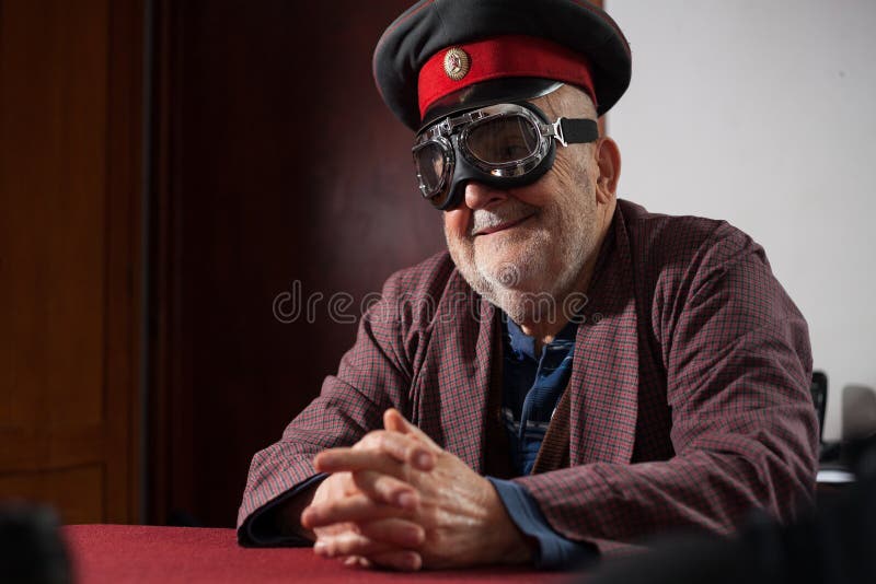 Funny Old Man with Pilot Goggles and Cap Stock Photo - Image of beard ...