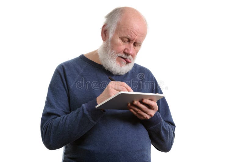 Funny Old Man Using Tablet Computer Isolated on White Stock Image ...