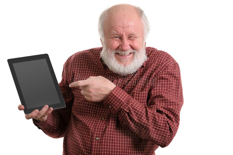 Funny Old Man Using Tablet Computer Isolated on White Stock Image ...