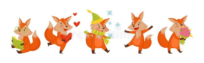 Funny Orange Fox Engaged in Different Activities Vector Set Stock ...
