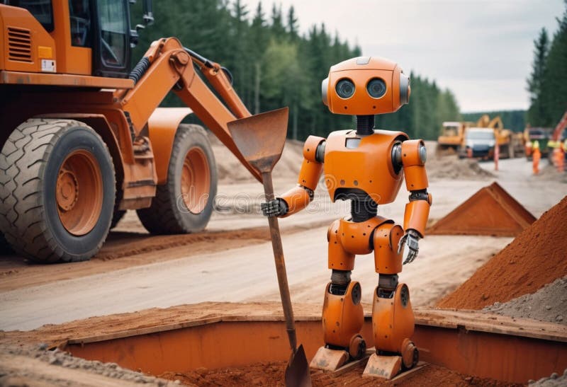 Funny Orange Robot Holding a Roadwork Shovel on a Road Construction ...