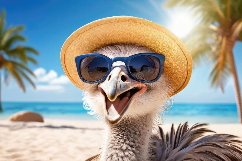 A Funny Ostrich Animal in Sunglasses Relaxing on a Sandy Beach Stock ...