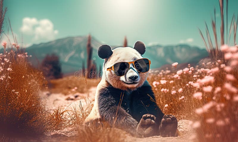 Funny Panda Bear with Sunglasses in the Nature. Spring is Coming ...