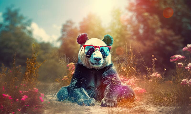 Funny Panda Bear with Sunglasses in the Nature. Spring is Coming ...
