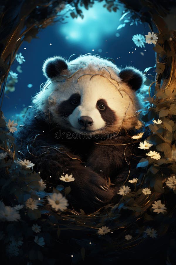 Funny Panda in Flowers. Created with Generative AI Stock Illustration ...