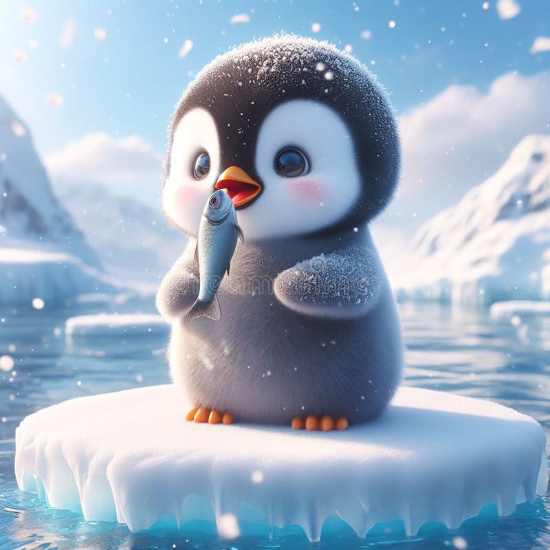 Funny Penguin Cartoon Eating a Fish. Invitation Card Stock Illustration ...