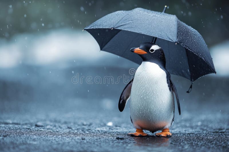 Funny Penguin Holding an Umbrella in the Rain, Staying Dry and ...