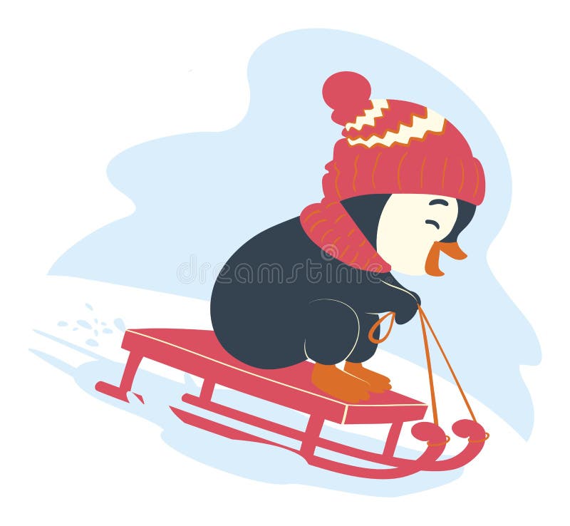 Funny Penguin Sledding. Christmas Penguin Ride on a Sleigh Illustration ...