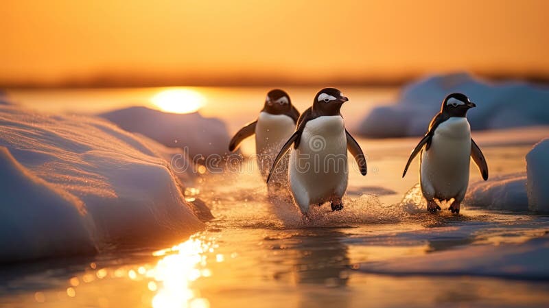 Funny Penguins Sliding on the Ice in Search of Food Stock Illustration ...
