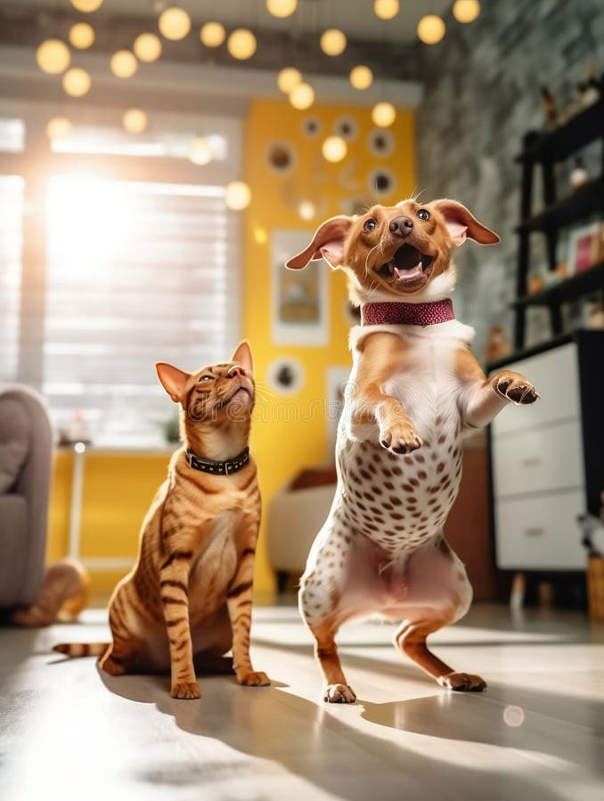 Funny Pets. Comical Cat and Dog Playing at Home Stock Illustration ...