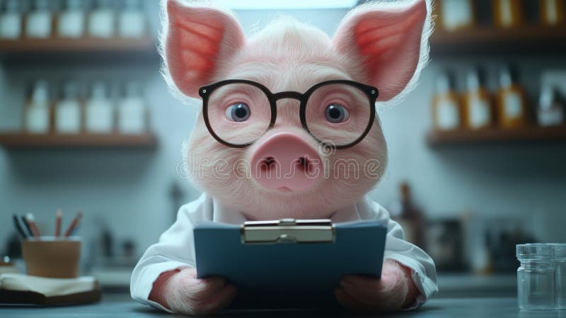 Funny Pig Scientist in Lab with Glasses and Clipboard Stock ...