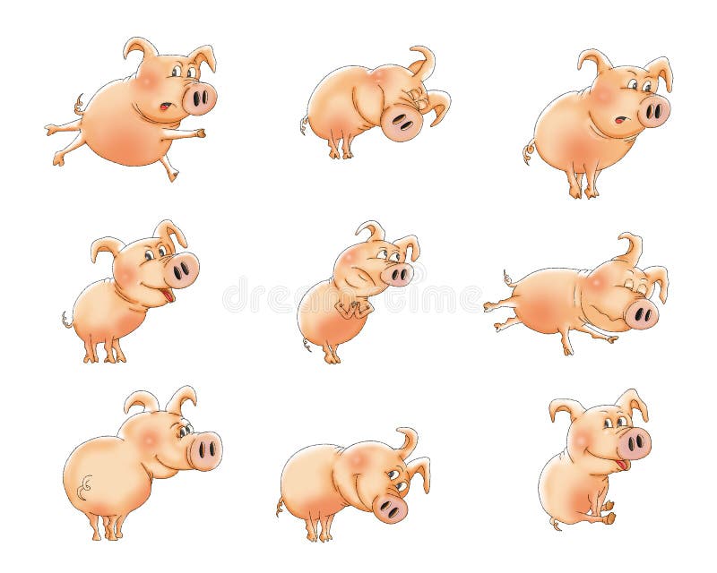 Funny Pig in Various Poses, Set of Cartoon Illustrations Stock ...