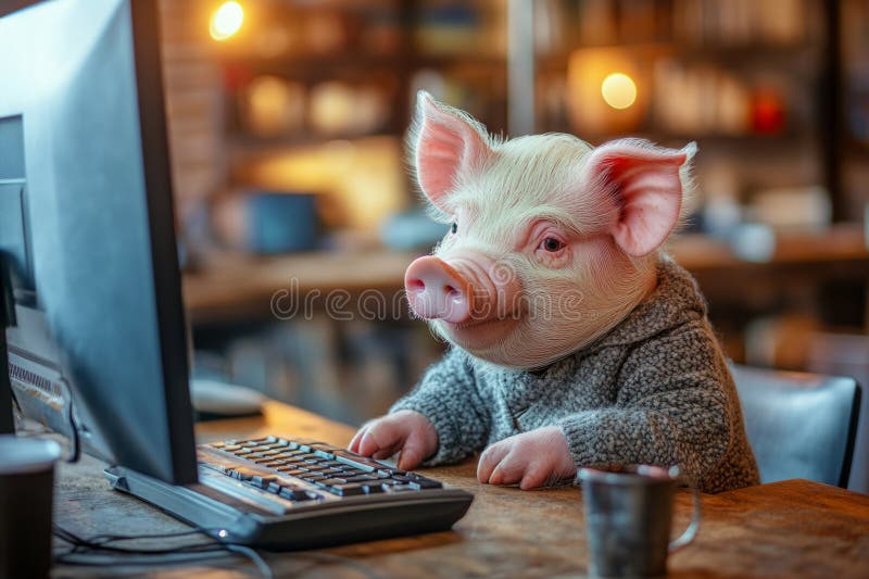 Funny Pig Wearing a Sweater Working on a Computer in an Office, Using a ...