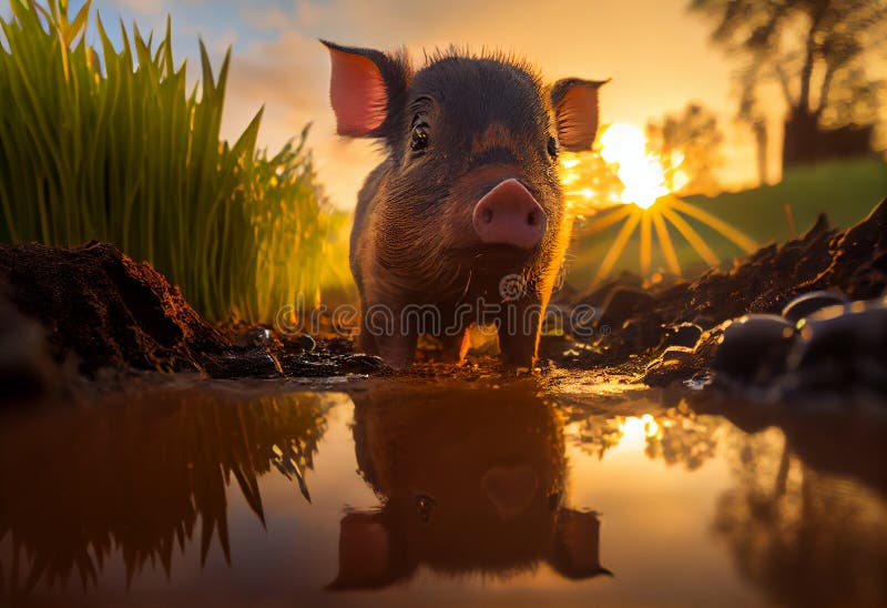 Funny Piggy Stands in Front of a Puddle and Looks at the Camera in the ...