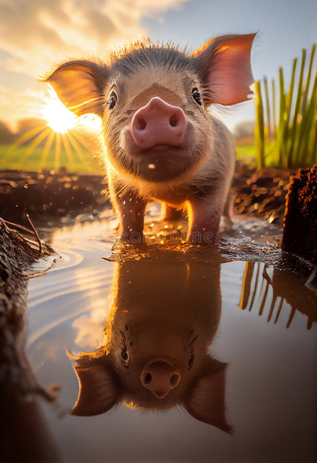 Funny Piggy Stands in Front of a Puddle and Looks at the Camera in the ...