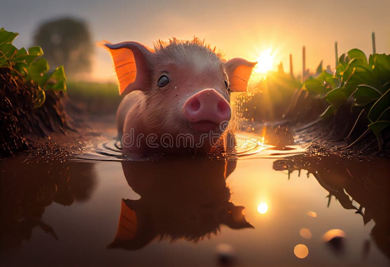 Funny Piggy Stands in Front of a Puddle and Looks at the Camera in the ...