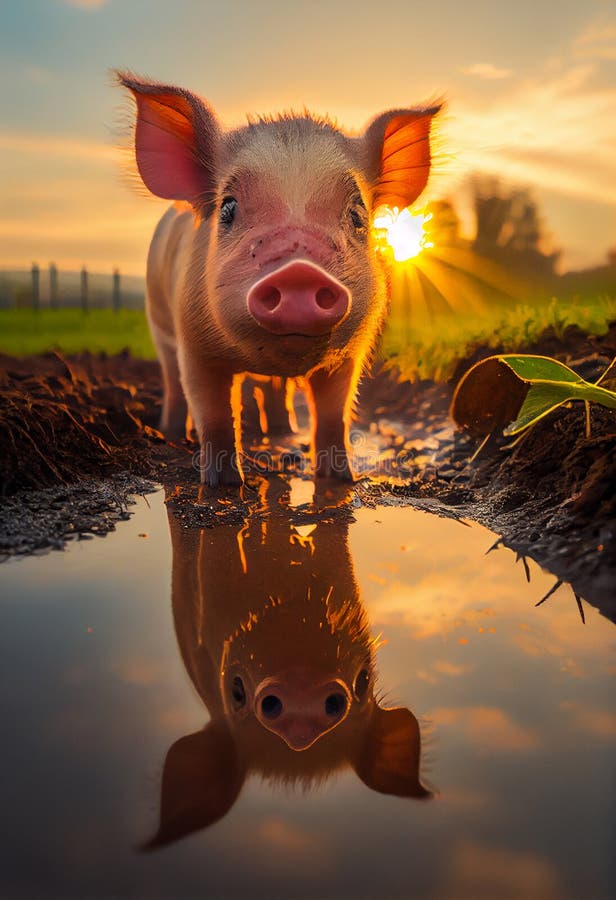 Funny Piggy Stands in Front of a Puddle and Looks at the Camera in the ...
