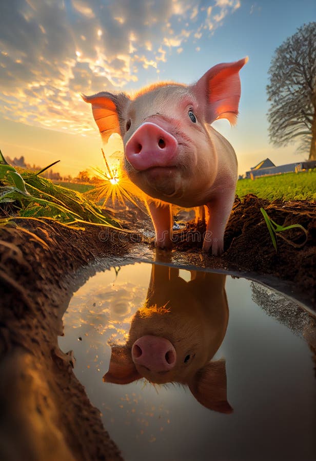 Funny Piggy Stands in Front of a Puddle and Looks at the Camera in the ...