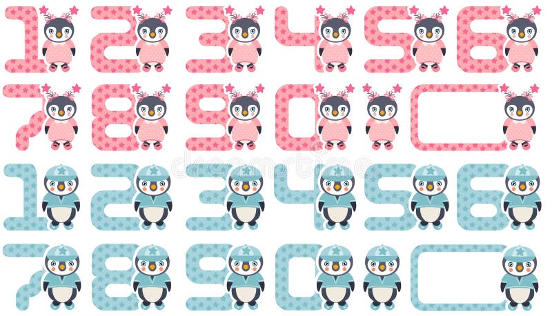 Funny Pink and Blue Different Numbers Set of Penguin Stock Vector ...