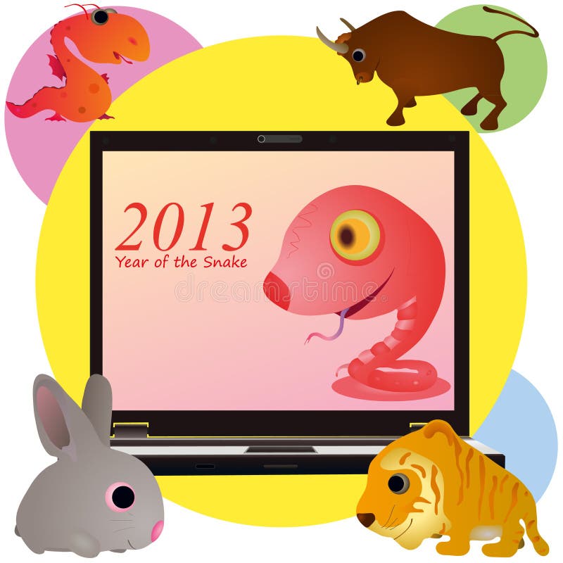 Funny Pink Snake on the Screen of Notebook and Ani Stock Vector ...