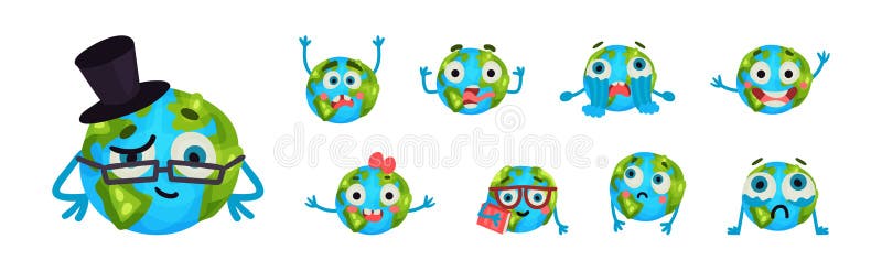 Funny Planet Earth with Face Expression and Arms Vector Set Stock ...