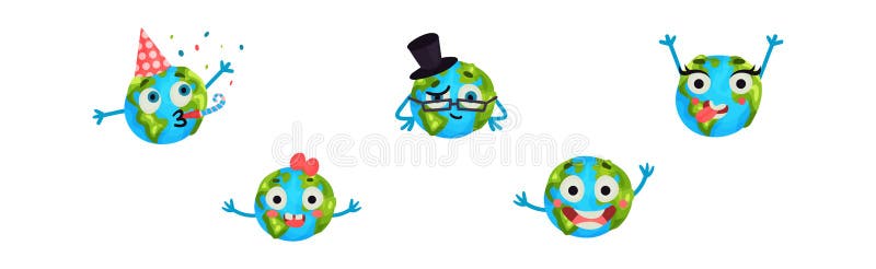 Funny Planet Earth with Face Expression and Arms Vector Set Stock ...