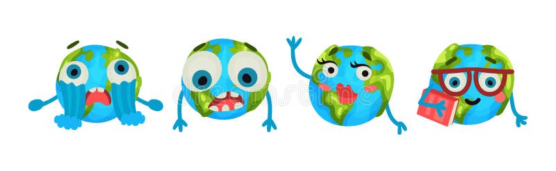 Funny Planet Earth with Face Expression and Arms Vector Set Stock ...