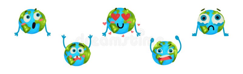 Funny Planet Earth with Face Expression and Arms Vector Set Stock ...