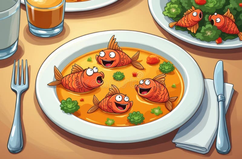 Funny Plate with Soup and Fishes at 9-1-2024 Stock Illustration ...