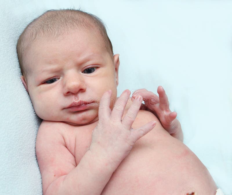 Funny Plotting Thinking Blue Eyed Newborn Baby Stock Image - Image of ...