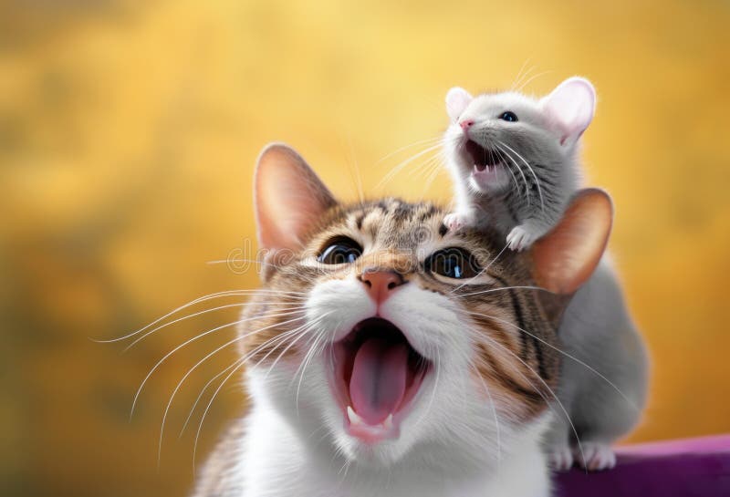 A Funny Portrait of a Cat and a Mouse with Their Mouths Open Stock ...