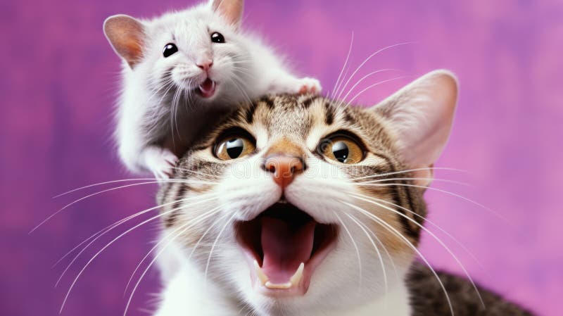 A Funny Portrait of a Cat and a Mouse with Their Mouths Open Stock ...