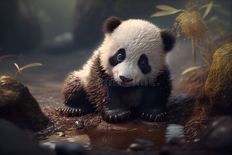 Funny Pose of Happy Little Panda, Standing on the Ground Stock ...