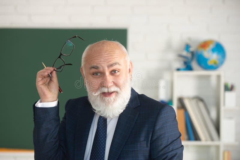 Funny Professor at School. Teacher Smiling in Classroom. Stock Image ...