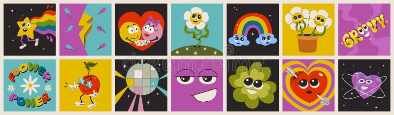 Funny Psychedelic Cartoon Characters, Square Fun Posters with Groovy ...