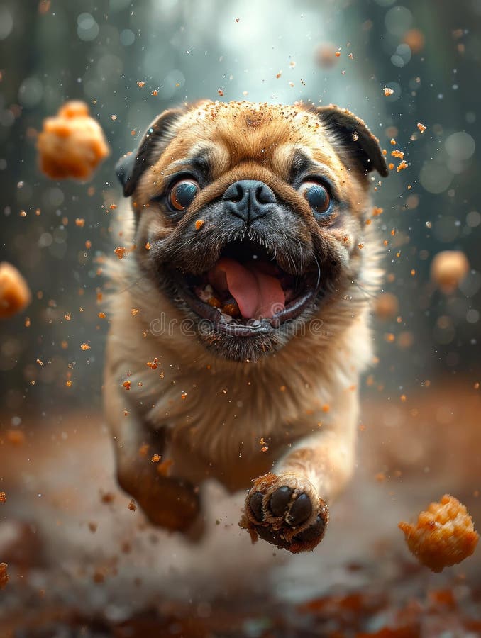 Funny Pug Dog Running in Park with Big Smile and Flying Bone Stock ...