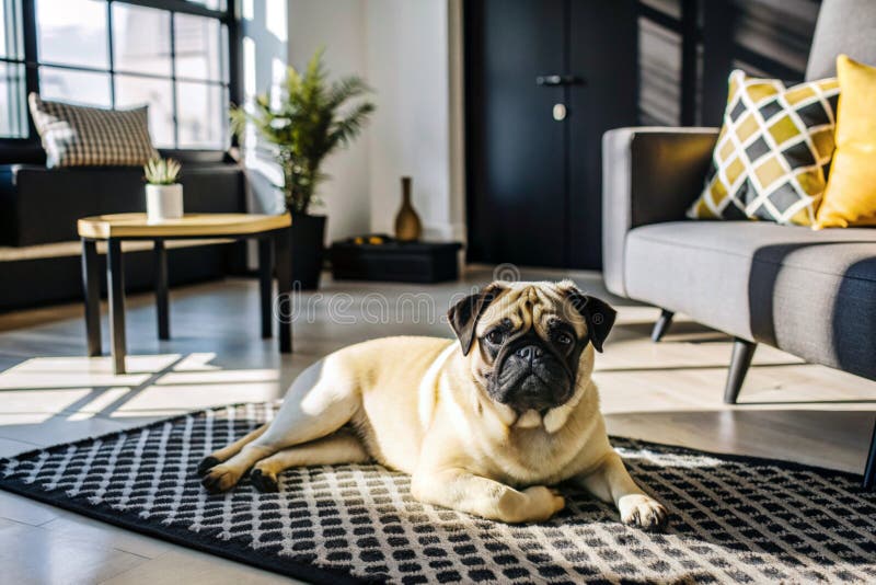 Funny Pug Lies Modern at Home Stock Illustration - Illustration of ...