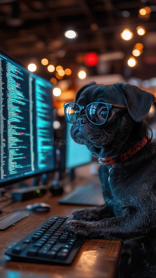 Funny Pug Wearing Glasses Coding at Computer in Cozy Workspace Stock ...