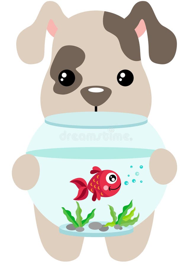 Funny Puppy Holding a Red Fish in Globe Aquarium Stock Illustration ...
