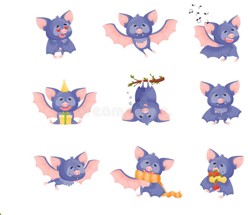Funny Purple Bat Character in Different Poses Vector Set Stock Vector ...
