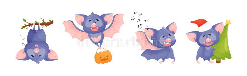 Funny Purple Bat Character Engaged in Different Activity Vector Set ...